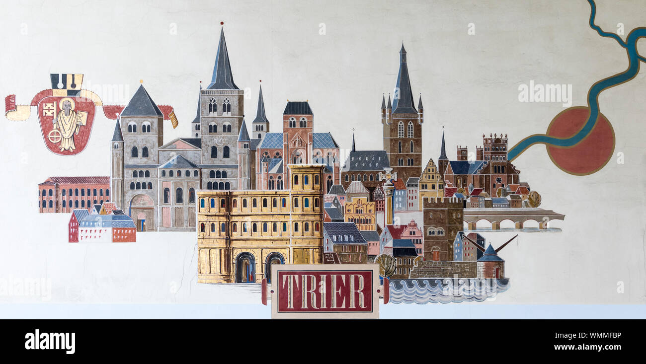 Trier, Germany. Monuments of the Old City of Trier depicted in a wall ...