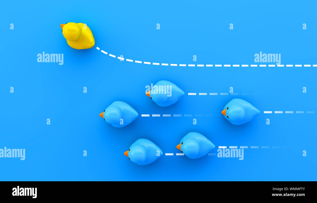 yellow duck changing direction from the crows, 3d rendering Stock Photo ...