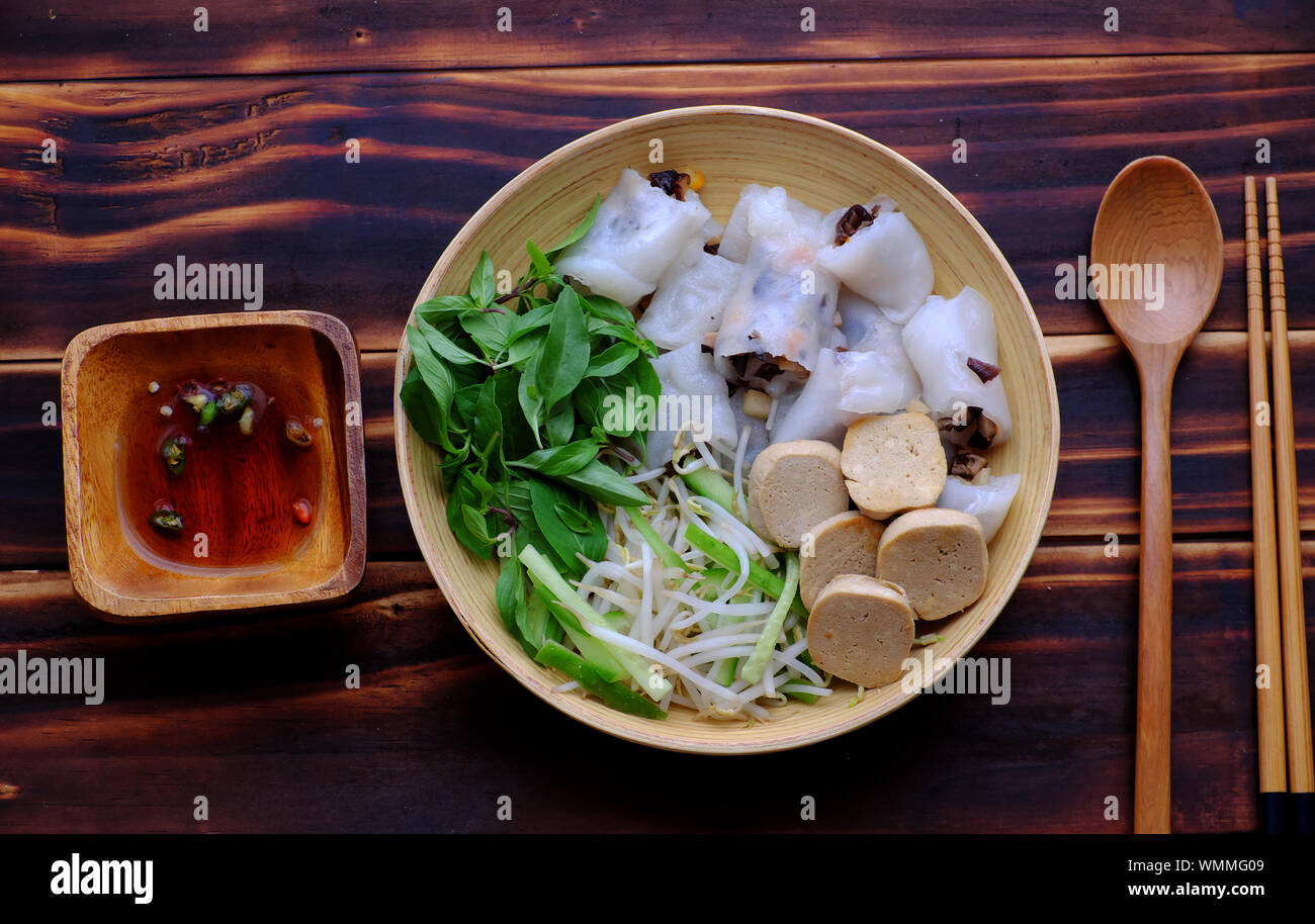 Top view homemade Vietnamese vegetarian rolled steamed rice pancake or ...