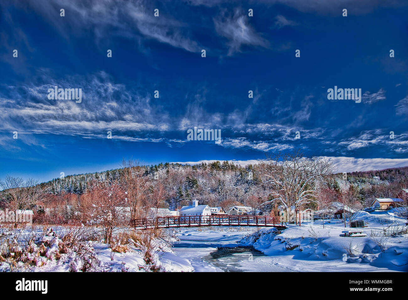 Stowe Rec Path Bridge with Stowe Village in the background in winter ...