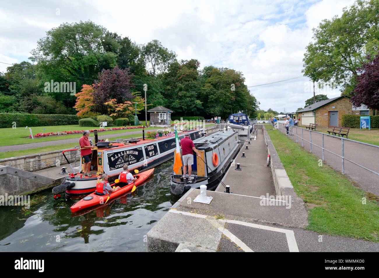 Various river crafts passing through Shepperton lock Surrey England UK ...