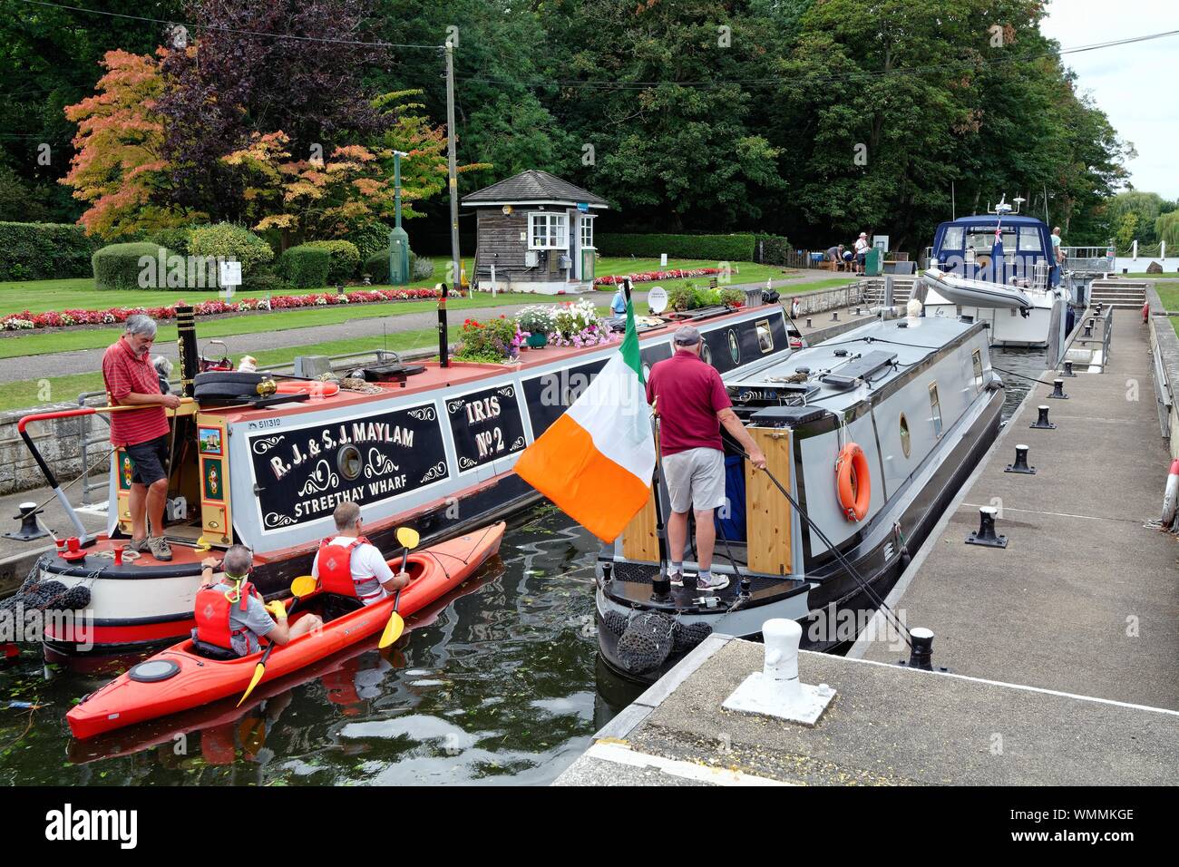 Various river crafts passing through Shepperton lock Surrey England UK ...