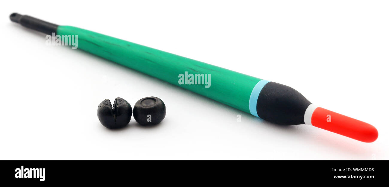 Fishing float with lead sink over white background Stock Photo - Alamy