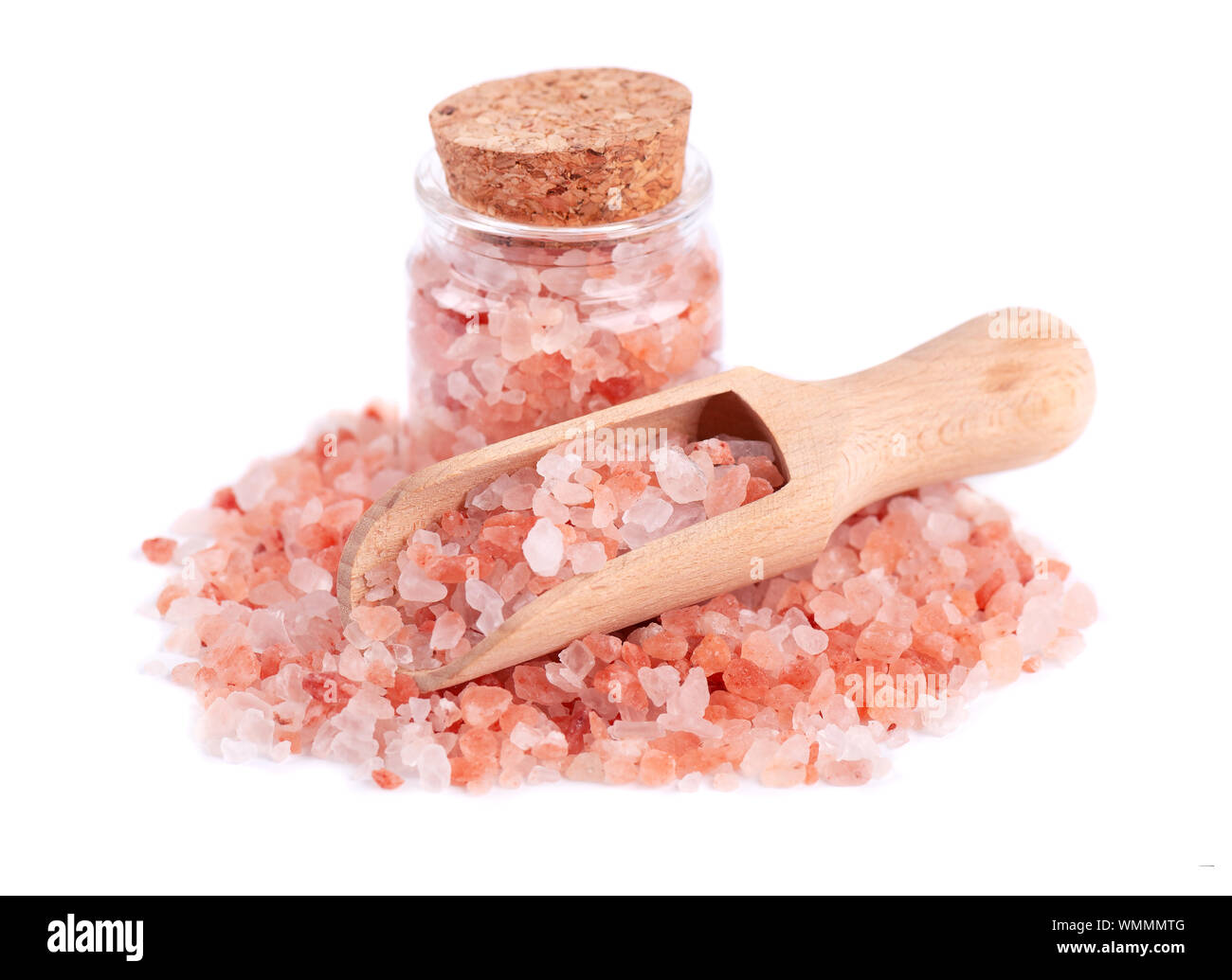Himalayan pink salt in glass jar, with wooden spoon, isolated on white ...