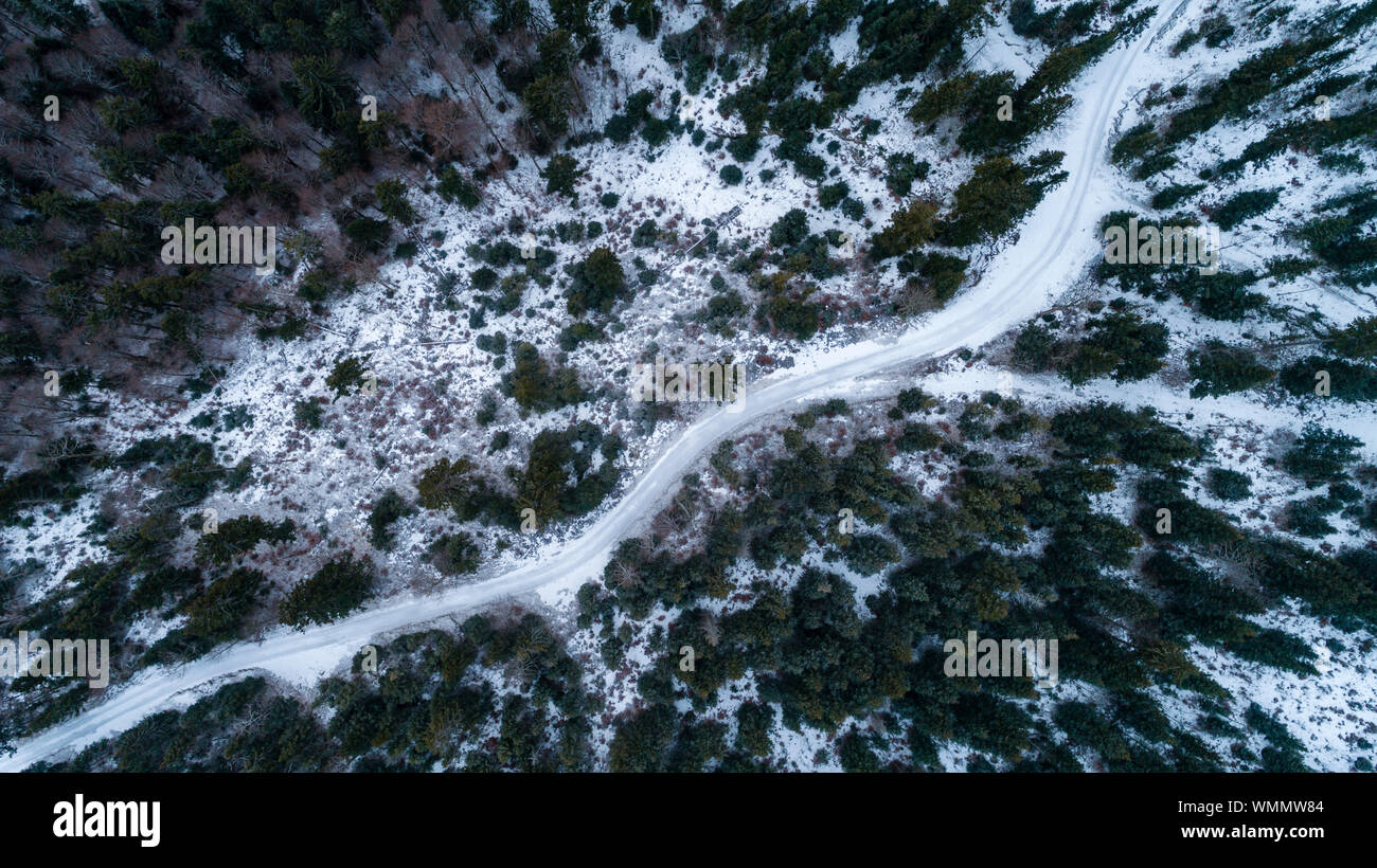 aerial and winter view of a path winding in a forest Stock Photo - Alamy