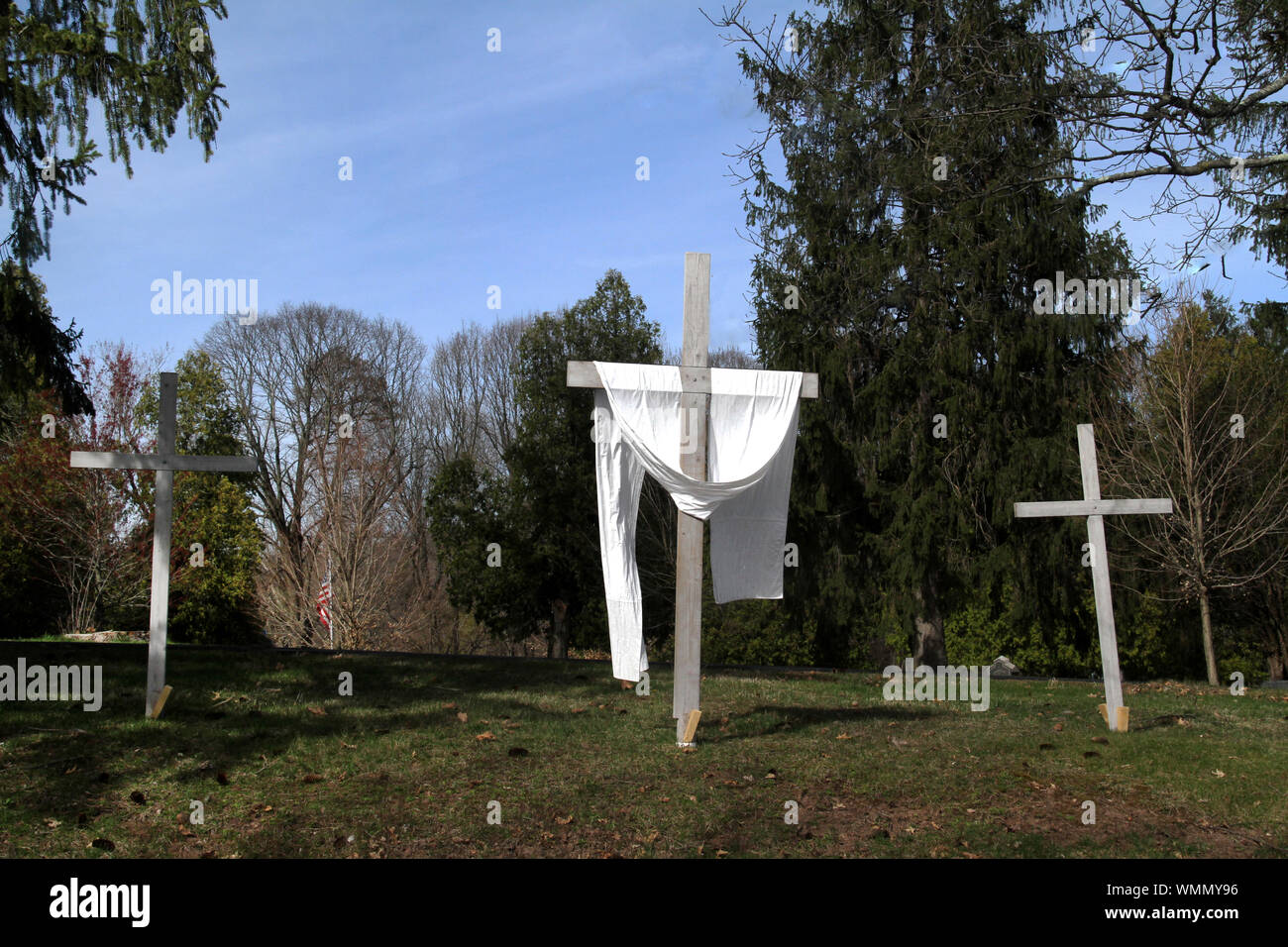 White drape over cross on Easter morning at church in Virginia, USA ...