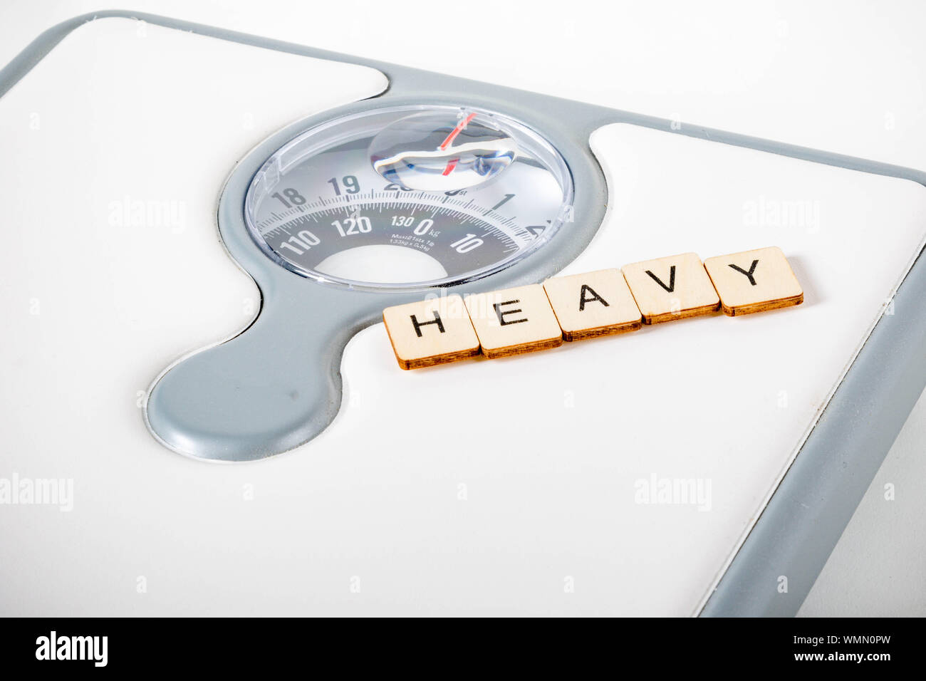 Healthcare concept showing bathroom scales and the message heavy Stock ...