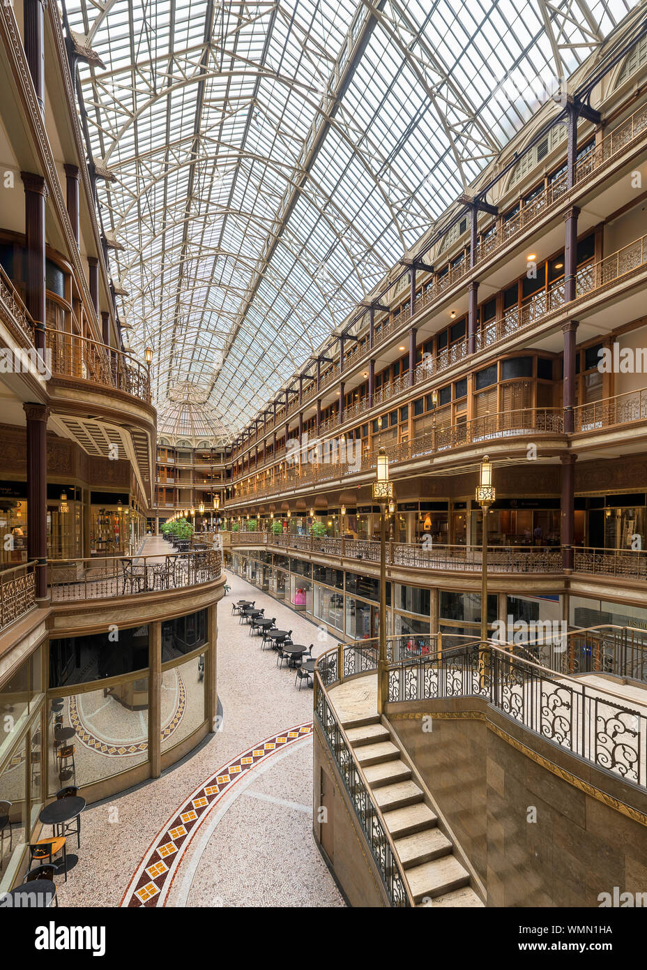 Interior of an empty historic Cleveland Arcade on Superior Avenue in ...