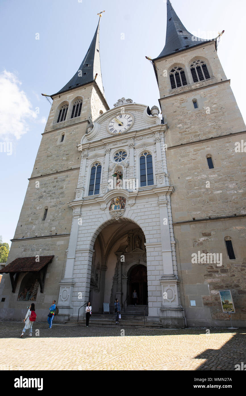 The exterior of the Hofkirche St. Leodegar baroque church in Lucerne ...