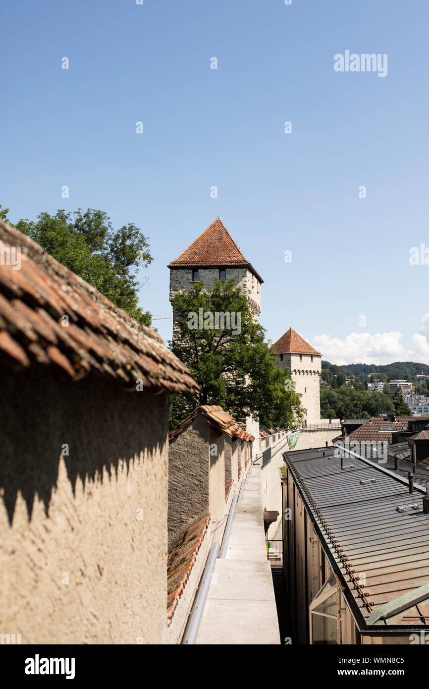 In Lucerne, Switzerland, the Museggmauer are the historic city walls ...