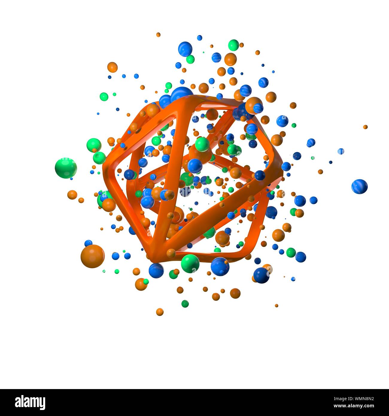 3d illustration of flying realistic primitives. Spherical shapes in ...
