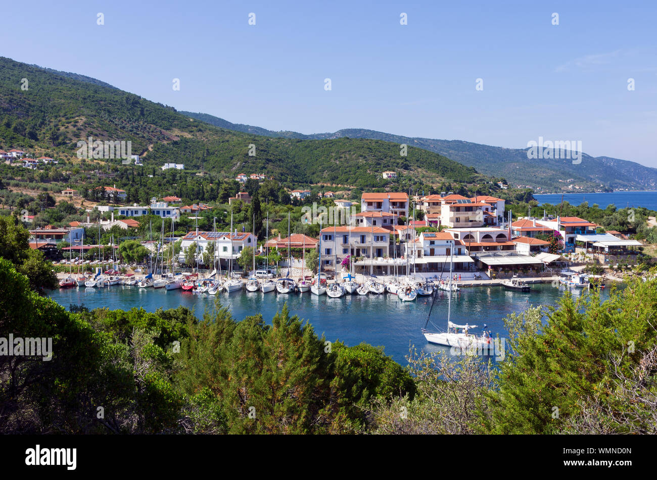 View to the picturesque little harbor of Steni Vala village, Alonnisos ...