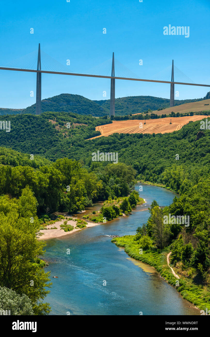 The river Tarn seen from the medieval village of Peyre the Millau ...