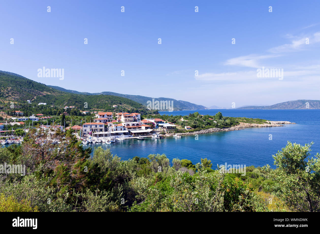 View to the picturesque little harbor of Steni Vala village, Alonnisos ...