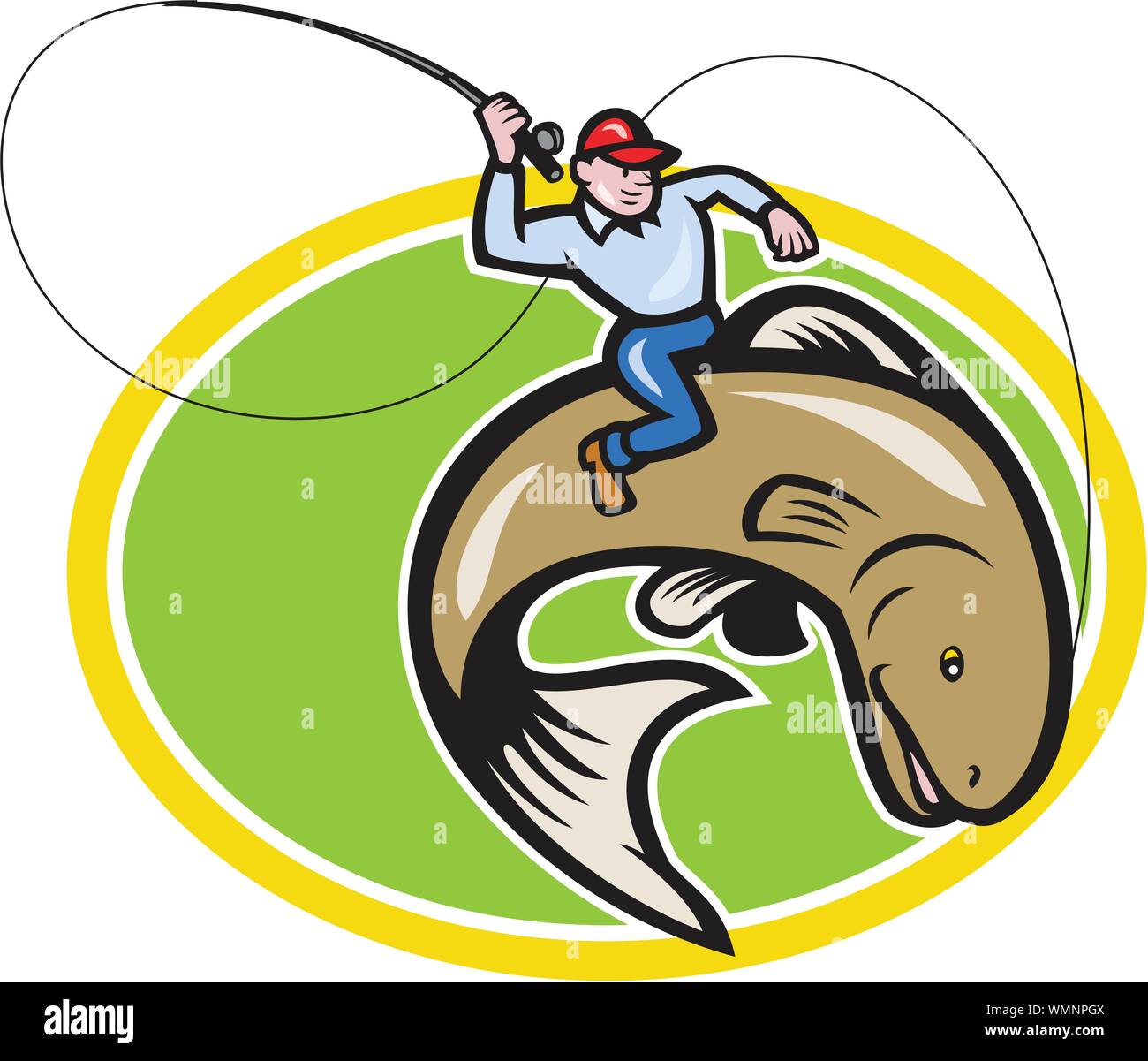 Fly Fisherman Riding Trout Fish Cartoon Stock Vector Image & Art - Alamy