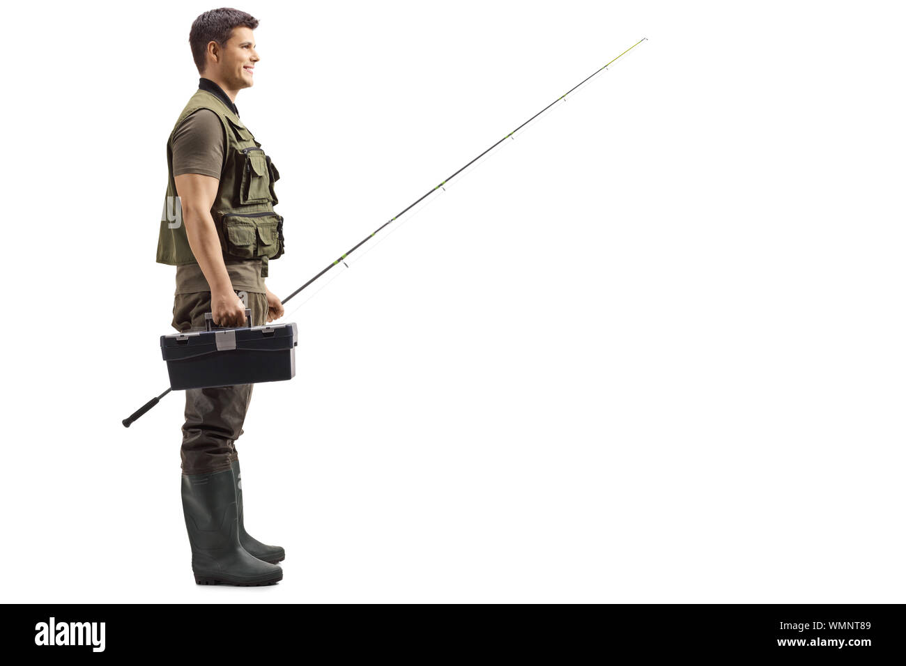 Full length profile shot of a fisherman smiling and standing with a rod ...