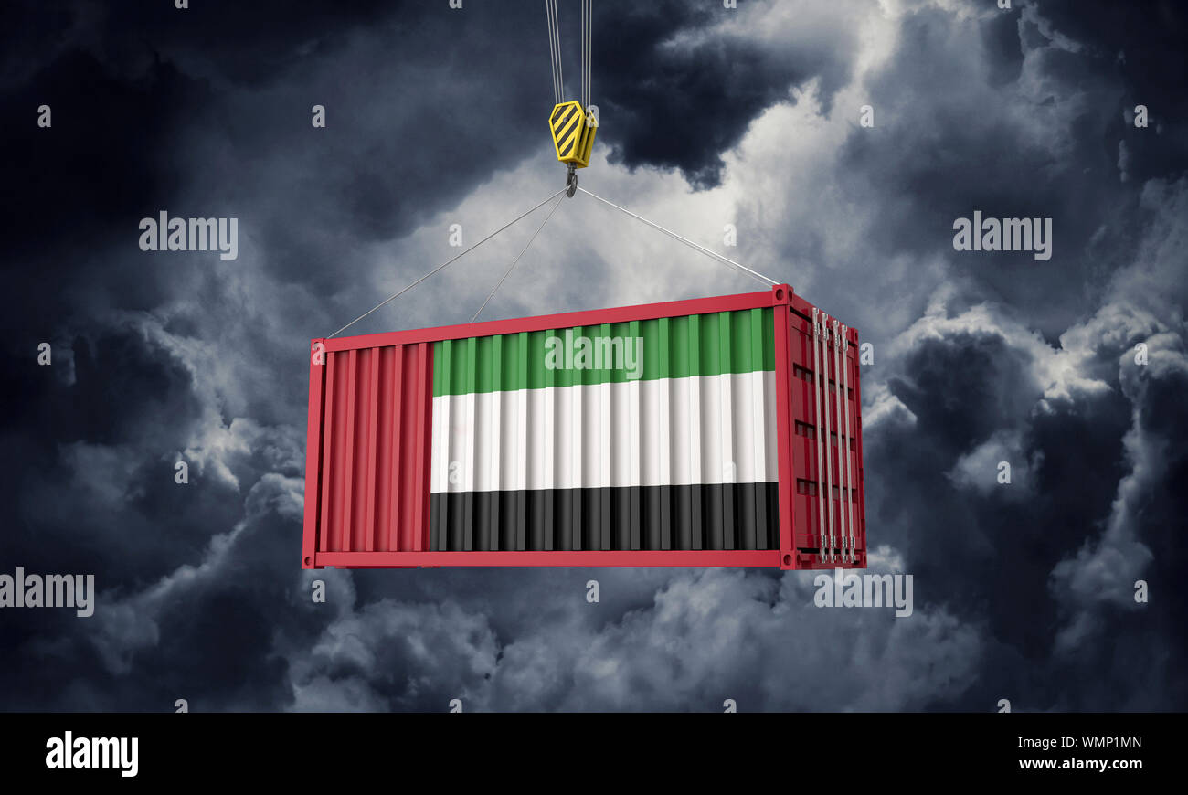UAE trade cargo container hanging against dark clouds. 3D Render Stock ...