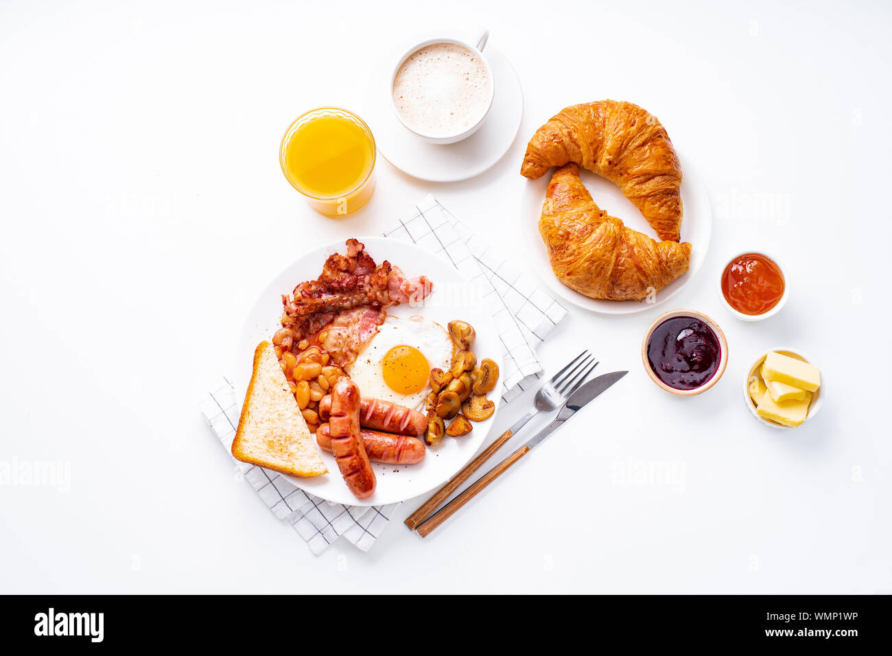 Top view flatlay with classical english breakfast with fried bacon ...