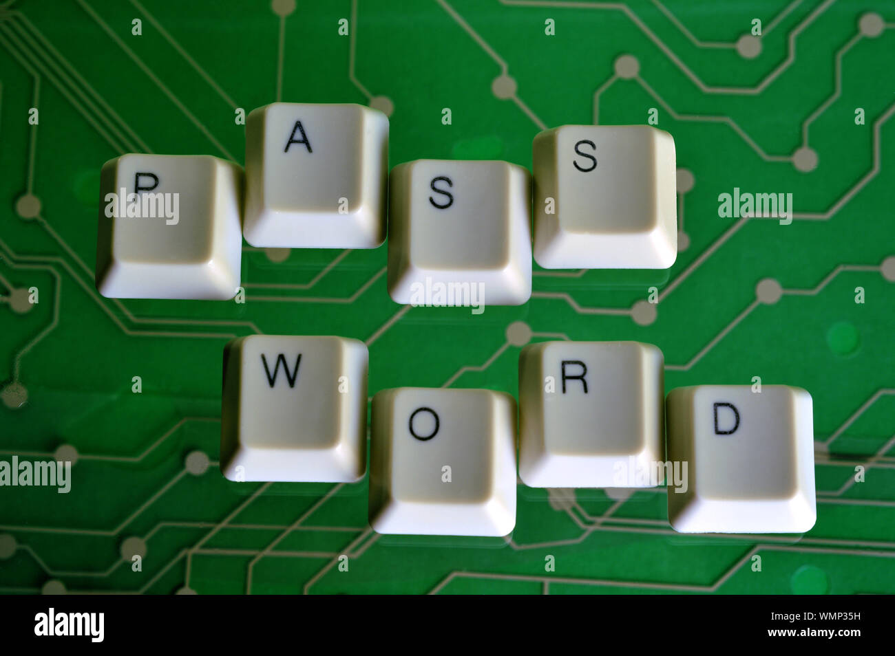 Keyboard keys form the word PASSWORD on green electric circuit in the ...