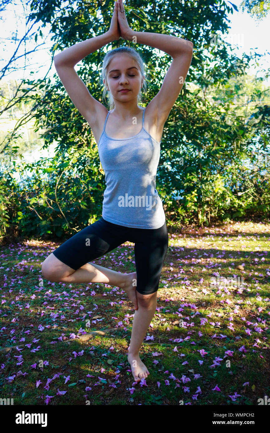 Beautiful Young Woman Practicing Tree Pose At Park Stock Photo - Alamy
