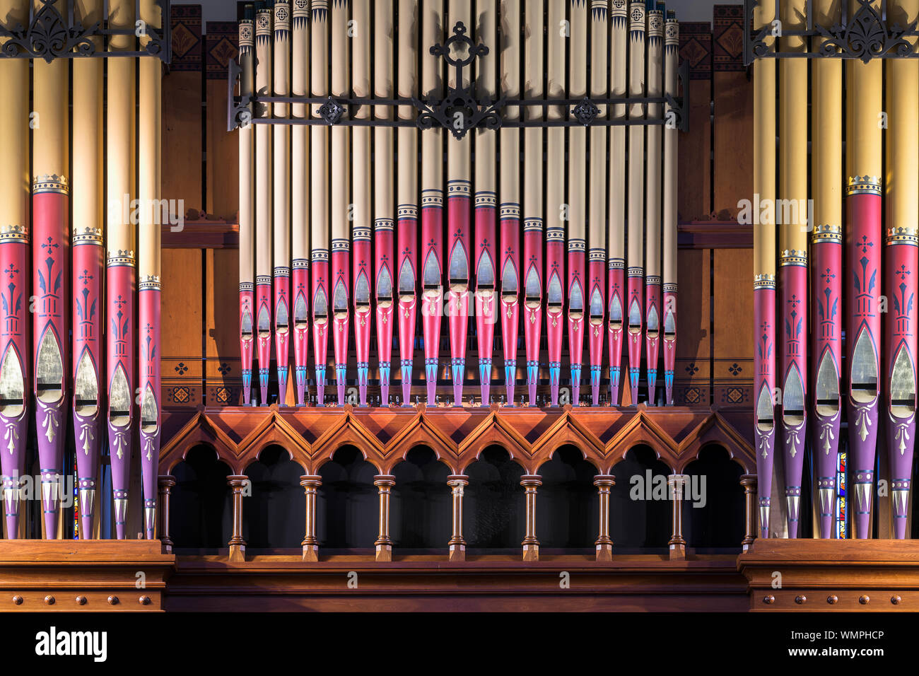 Colorful pipe organ inside the St. Joseph Cathedral on Franklin Street ...