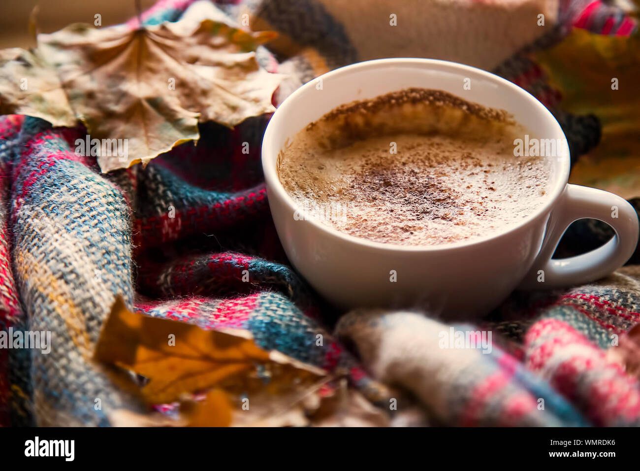 Autumn coffee cup with cozy blanket and dried leaves, fall deco warm ...