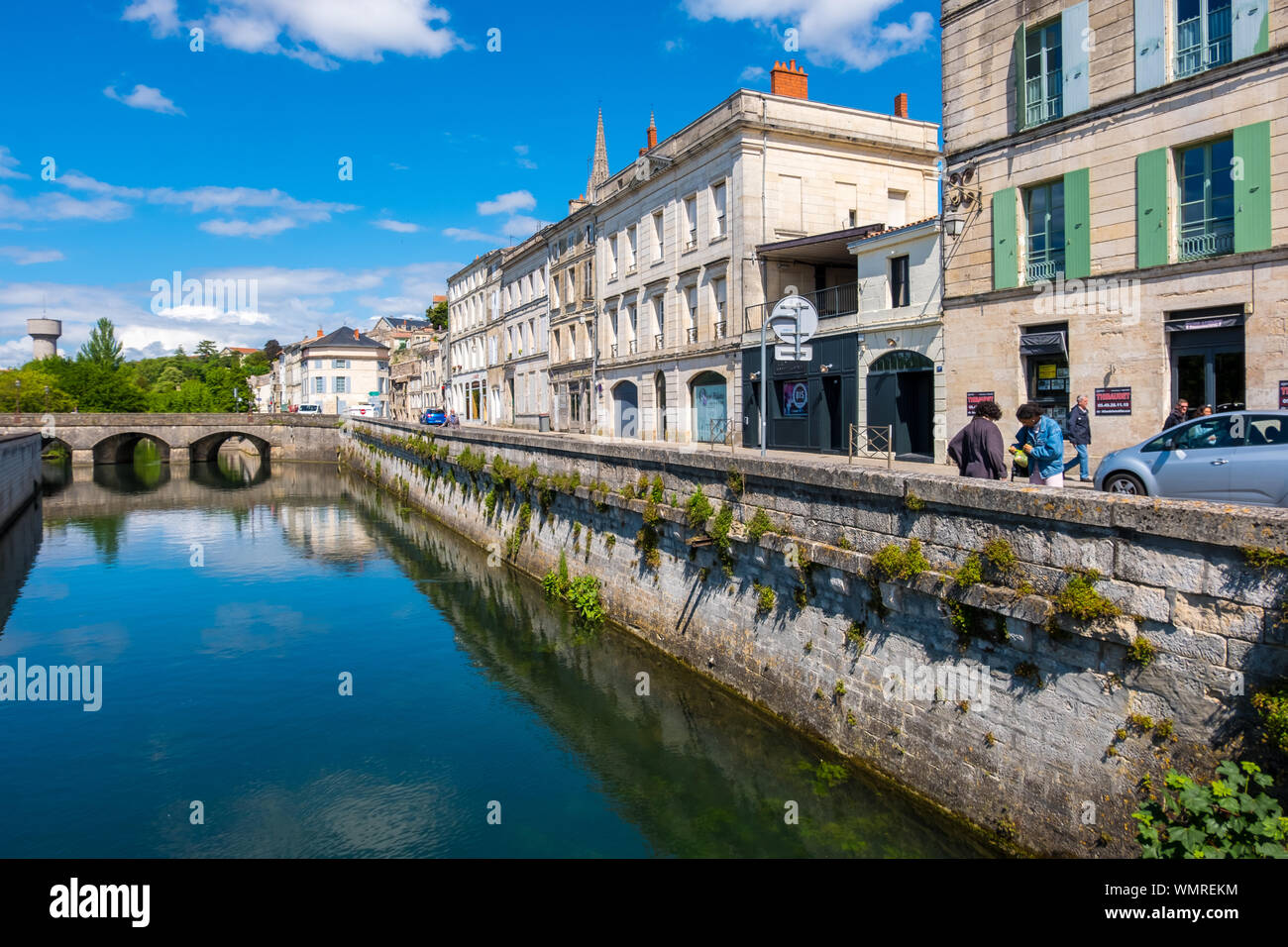 Niort, France - May 11, 2019: The quay of Sevres river in Old Town of ...