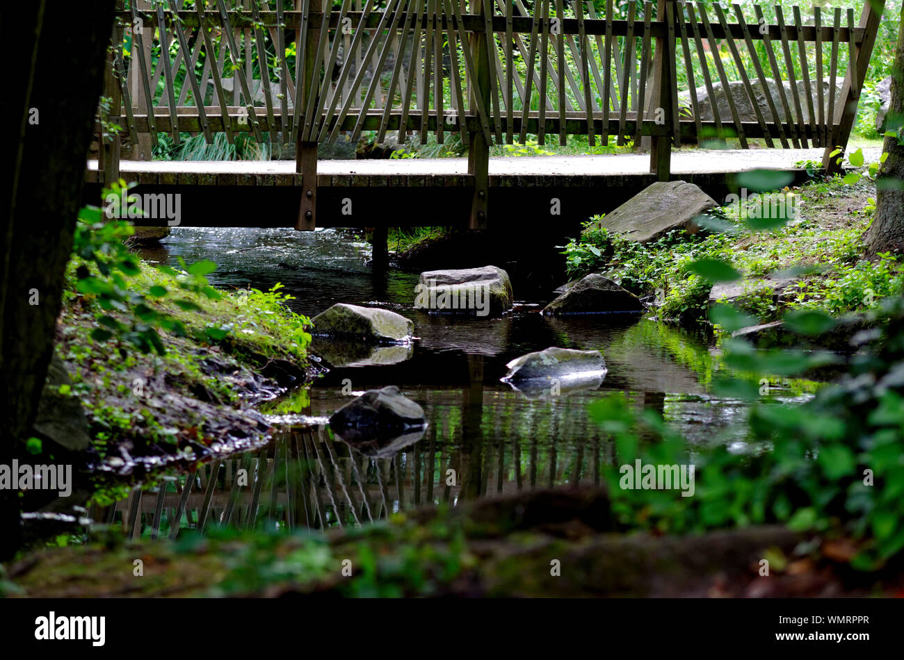 Wooden Bridge Over Stream In Forest Stock Photo - Alamy