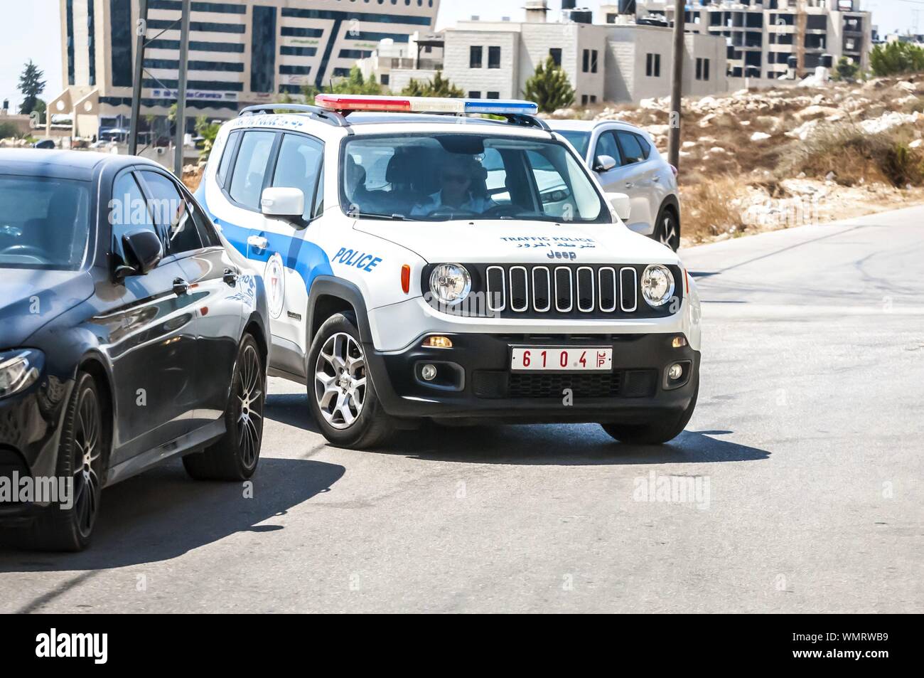 RAMALLAH, PALESTINE. August 31, 2019. Palestinian traffic police car in ...