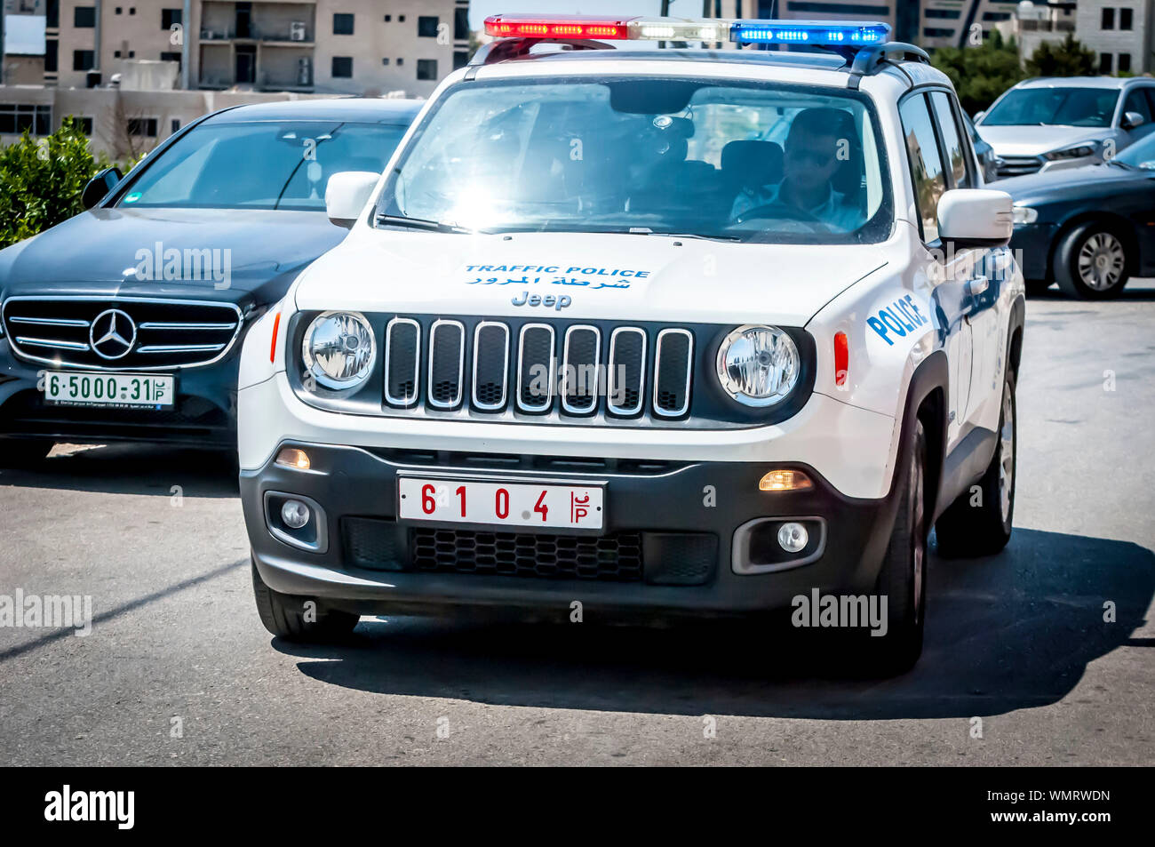 RAMALLAH, PALESTINE. August 31, 2019. Palestinian traffic police car in ...