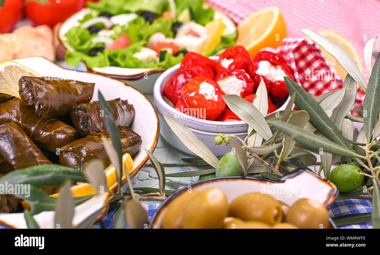 Turkish cabbage rolls and various snacks of national cuisine. Rice in ...