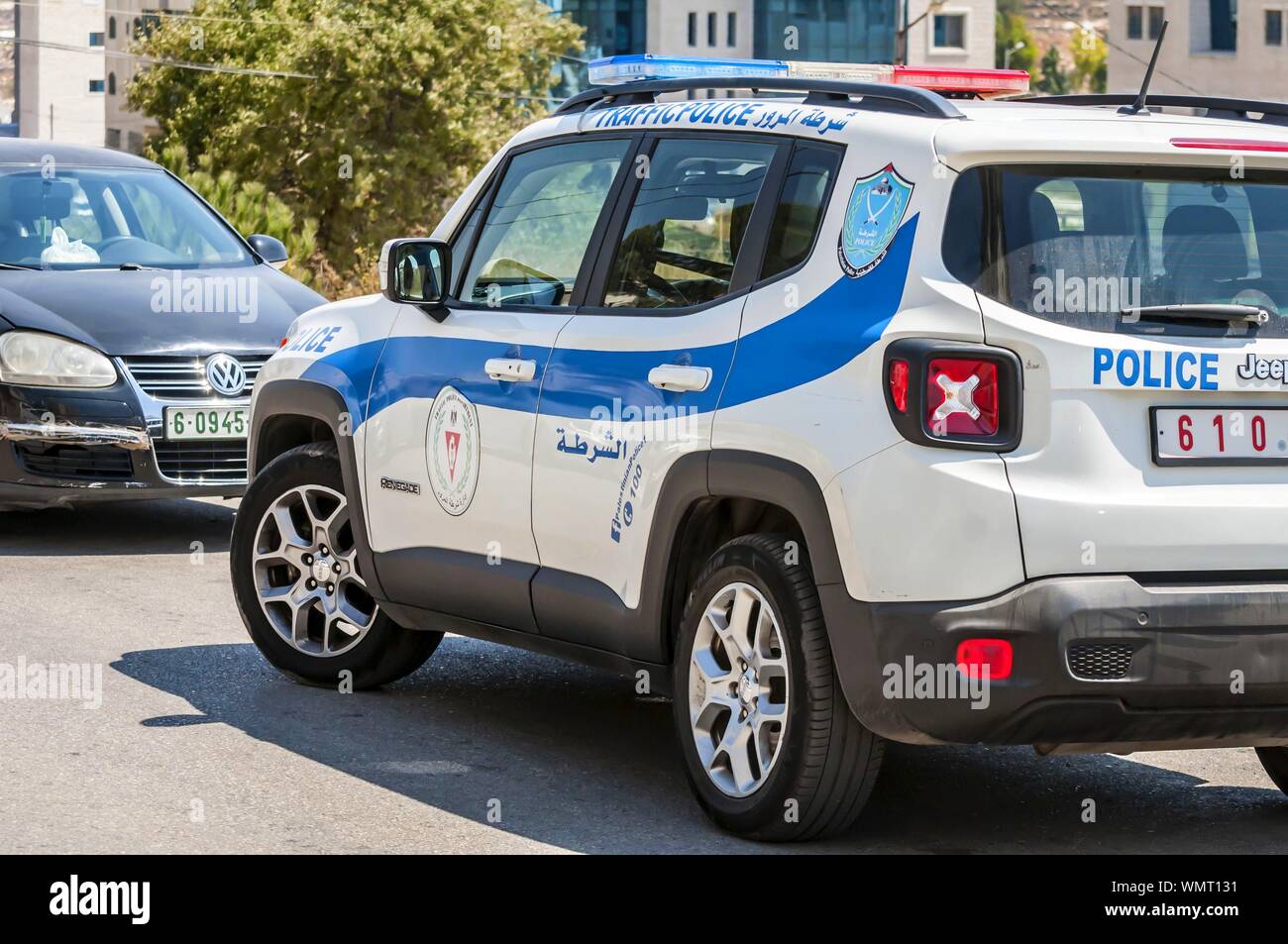 RAMALLAH, PALESTINE. August 31, 2019. Palestinian traffic police car in ...