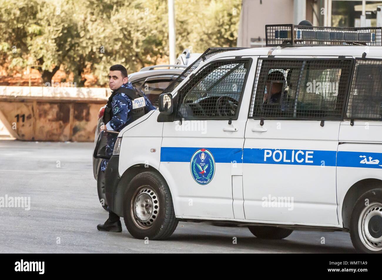 RAMALLAH, PALESTINE. August 31, 2019. Palestinian traffic police car in ...