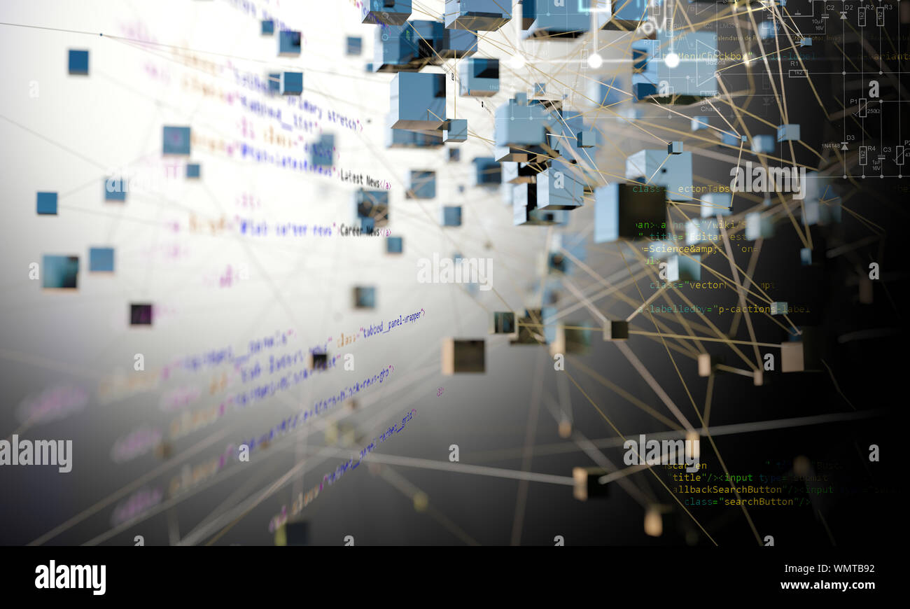 Cubes connected in dark space. Partner and networking design. Internet ...