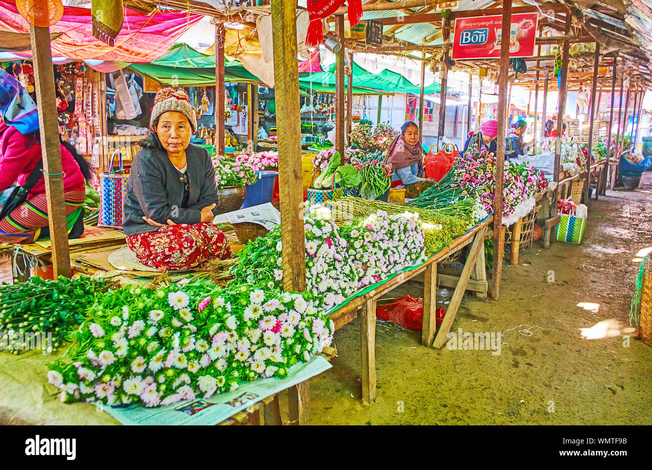NYAUNGSHWE, MYANMAR - FEBRUARY 20, 2018: Walk the flower section of ...
