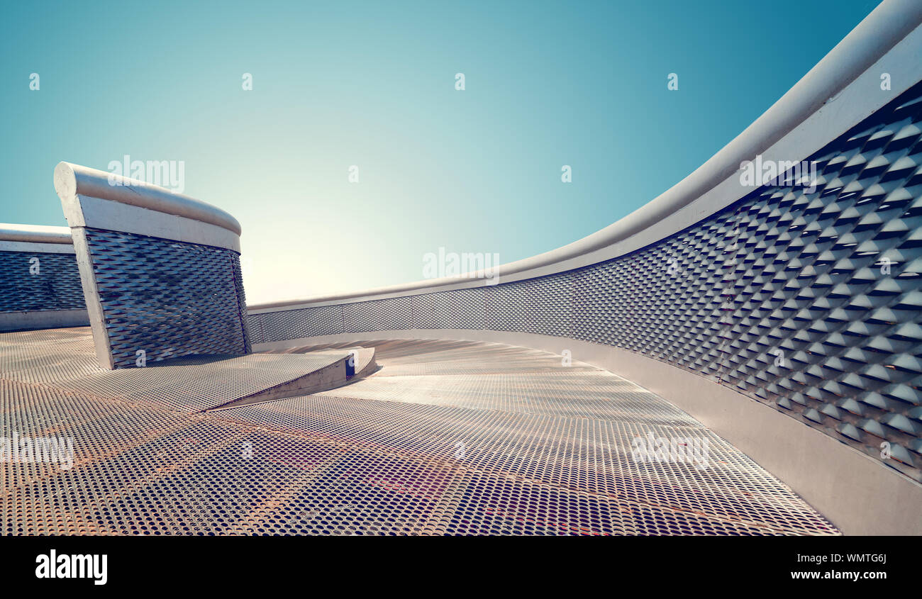 Close up image of minimalist metal structure.Catwalk or ramp and urban ...