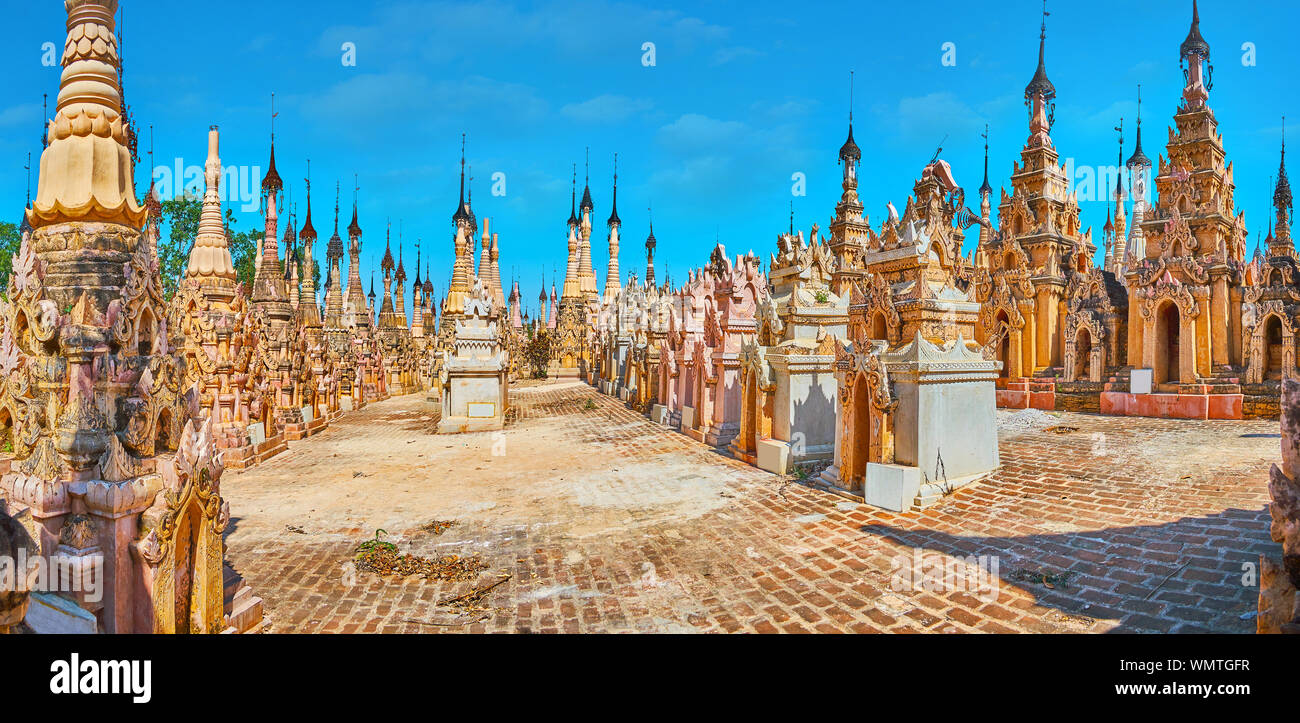 Panorama of archaeological site with hundreds of small burial stupas ...