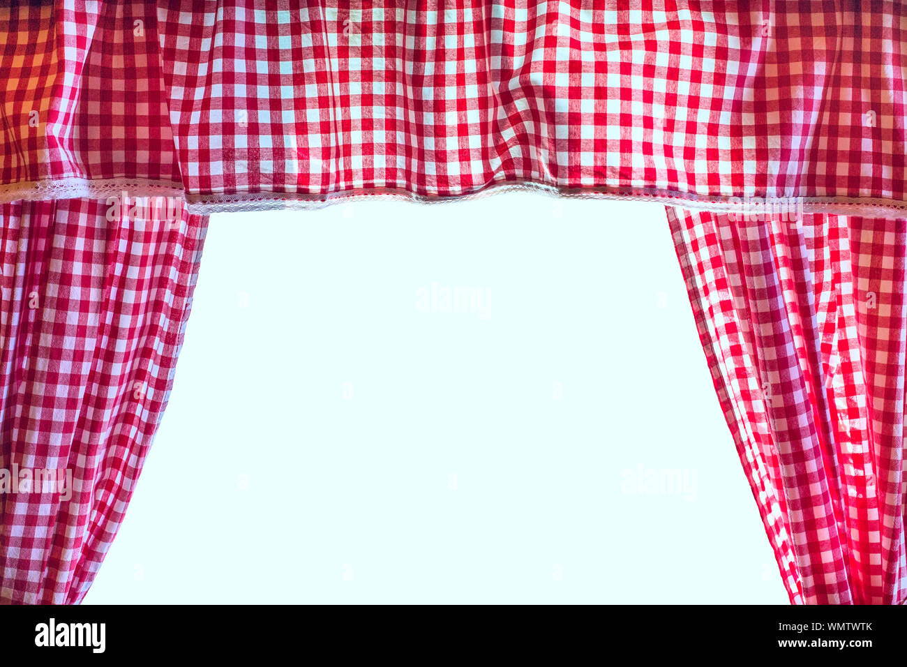 red and white squares curtains over white background. Window copy space ...