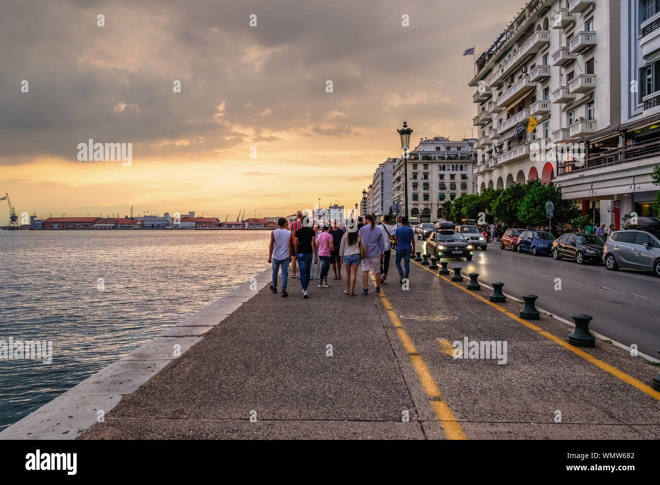 Thessaloniki, Greece crowd at historic waterfront. People walk along ...