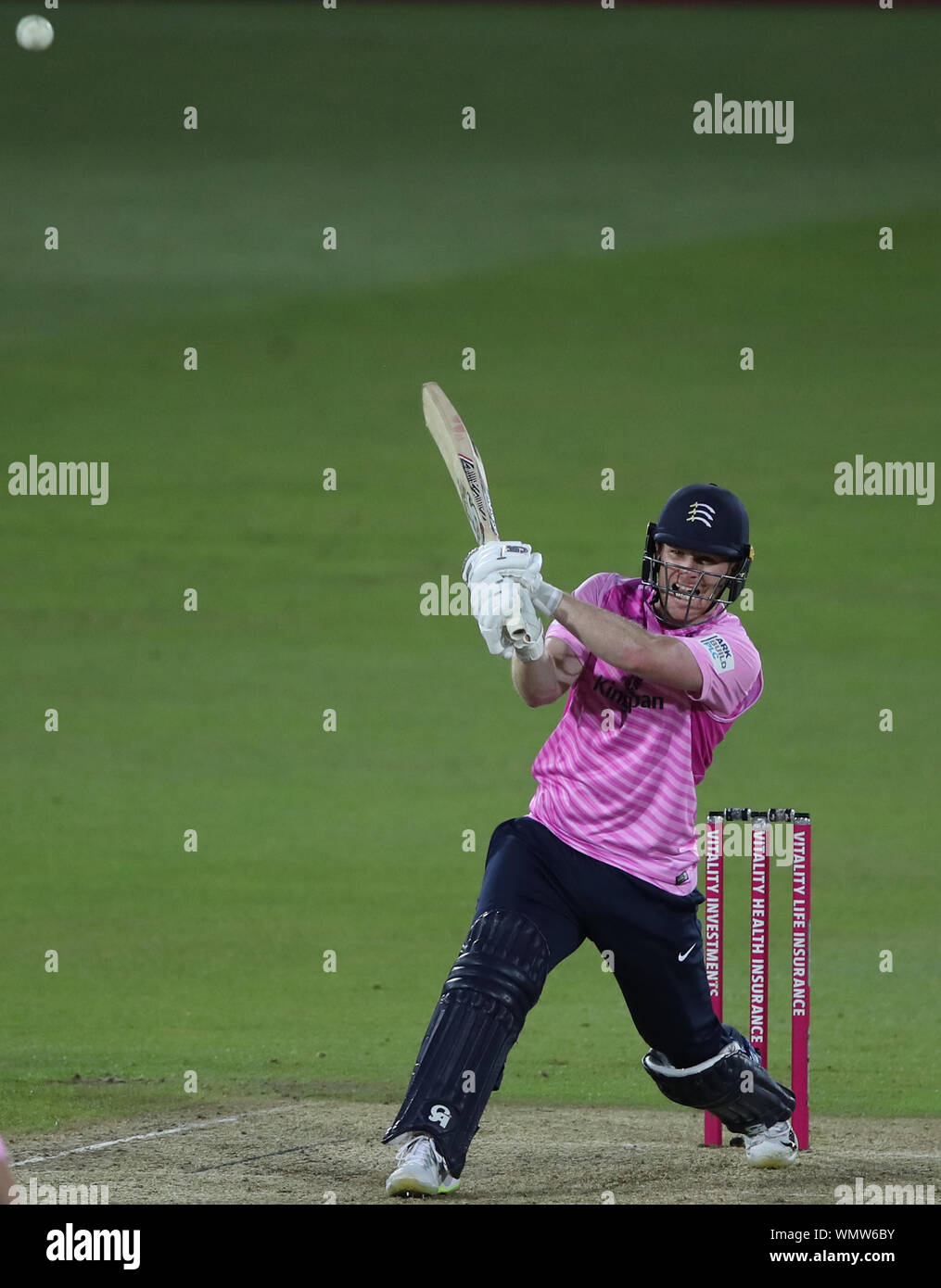 Middlesex batsman Eoin Morgan hits a 6 during his innings of 53 during ...