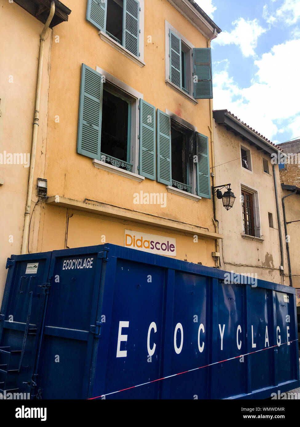 A dumpster used to collect recyclable materials, Trévoux, France Stock ...