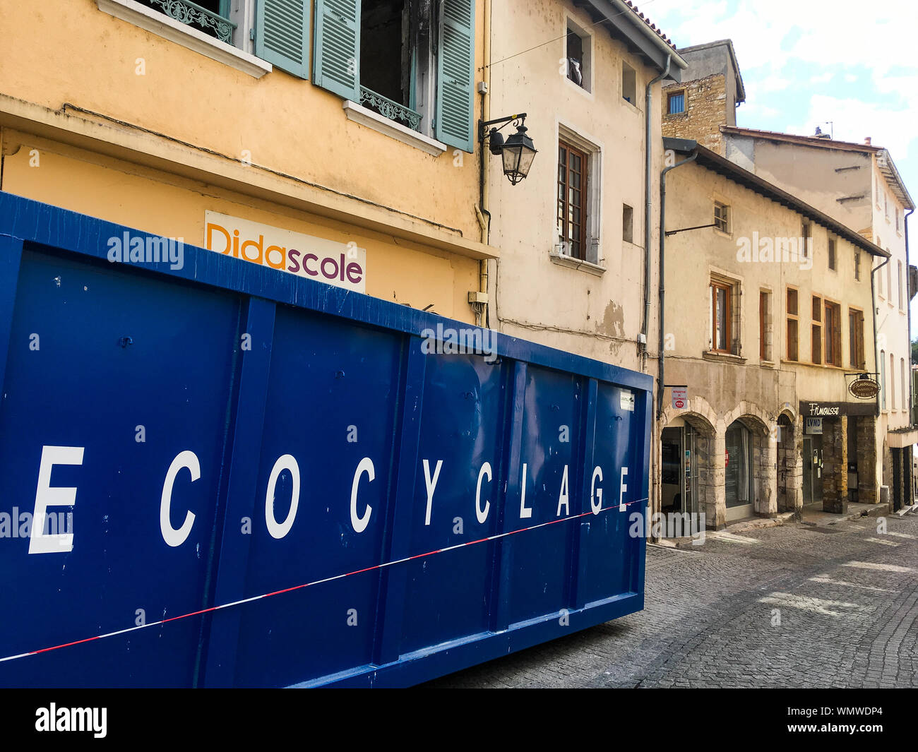A dumpster used to collect recyclable materials, Trévoux, France Stock ...