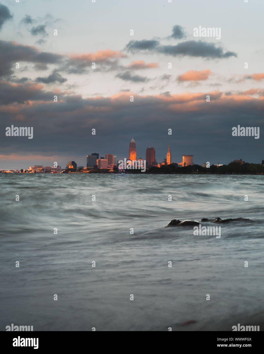 Cleveland Skyline at Sunset on the Beach Stock Photo - Alamy