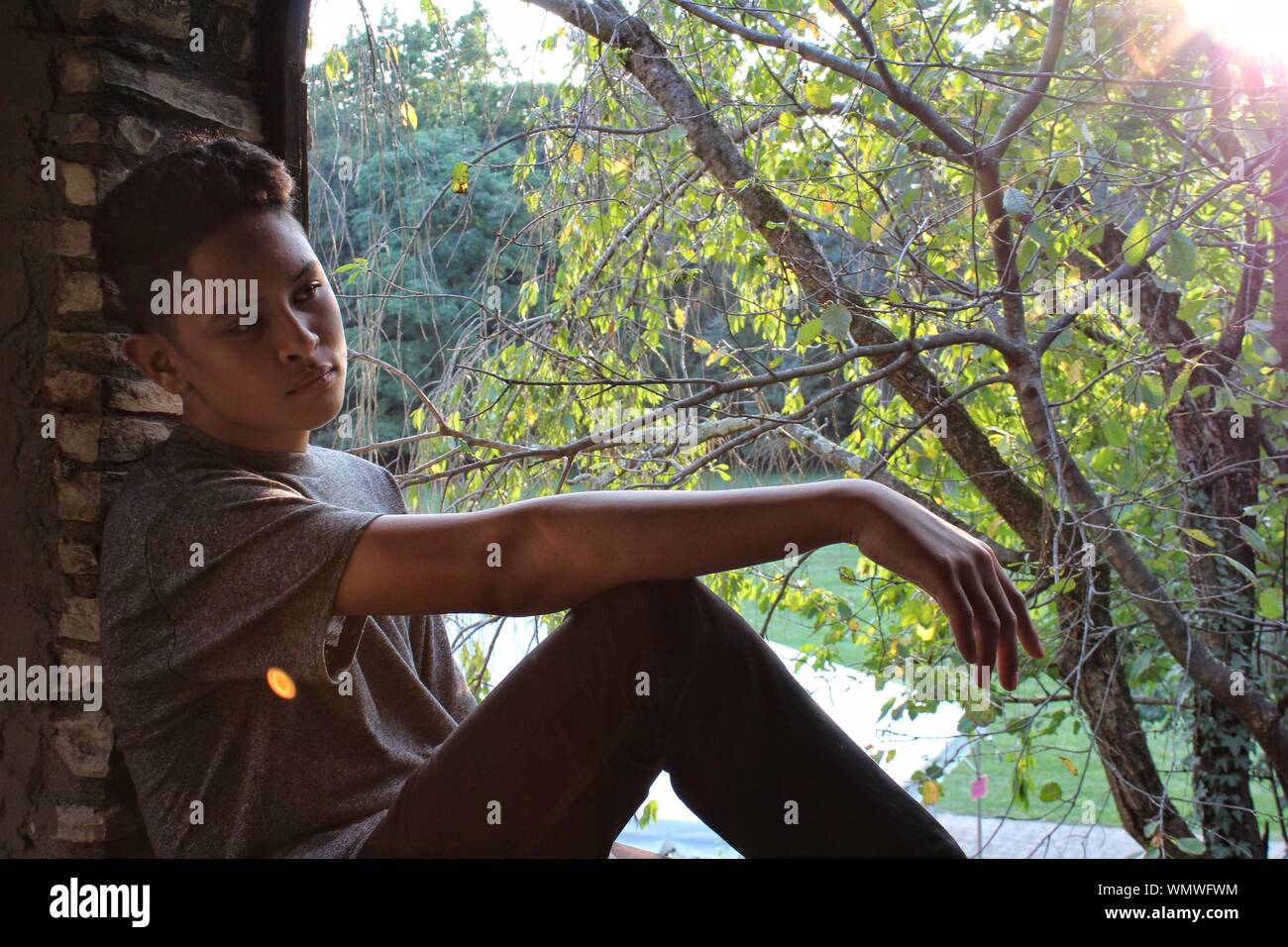 Boy sitting on tree branch hi-res stock photography and images - Alamy