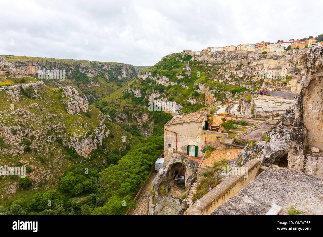 Italy, Basilicata, Province of Matera, Matera. View of Gravina ravine ...