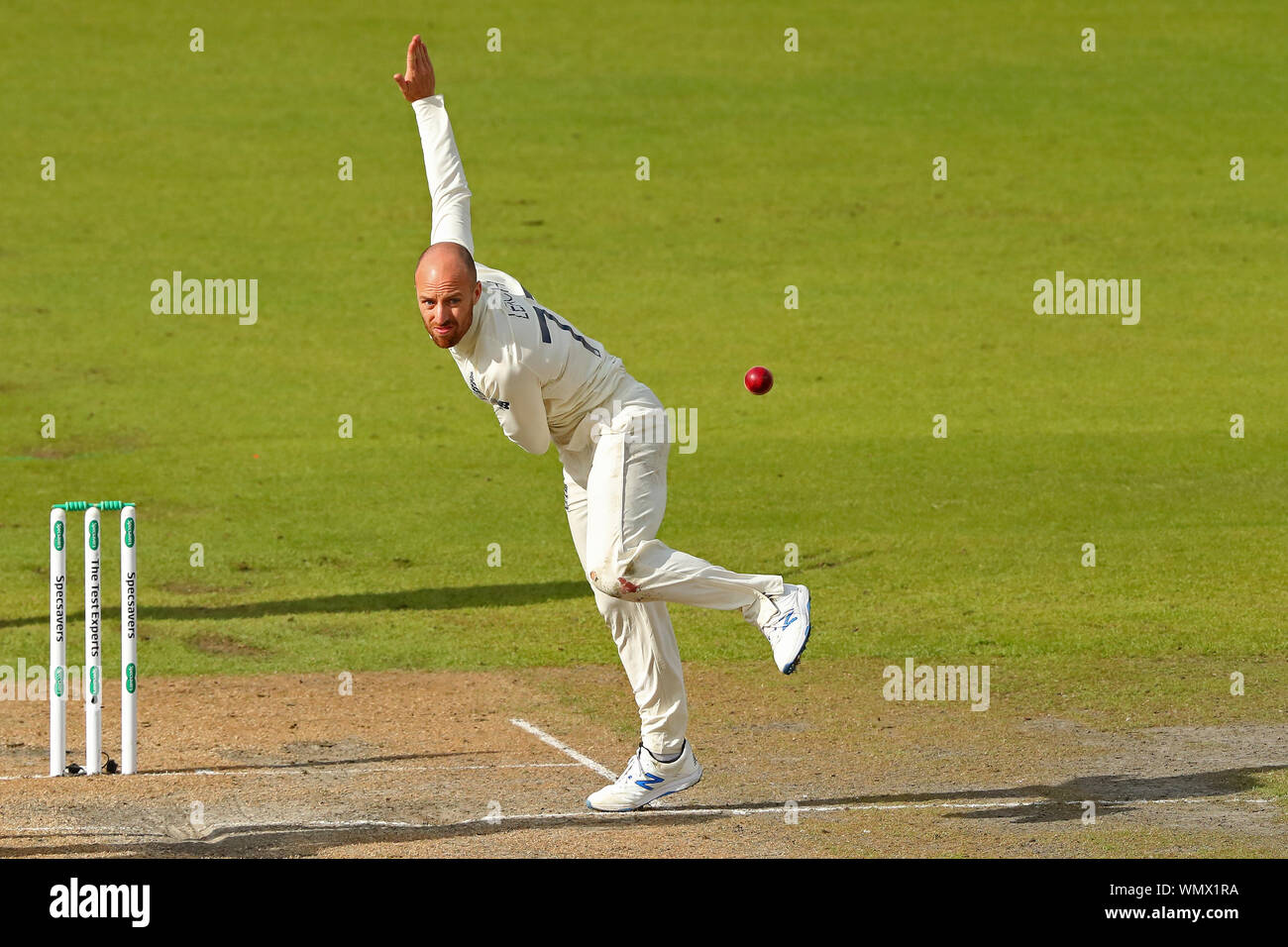MANCHESTER, ENGLAND. 05 SEPTEMBER 2019: Jack Leach of England bowling ...