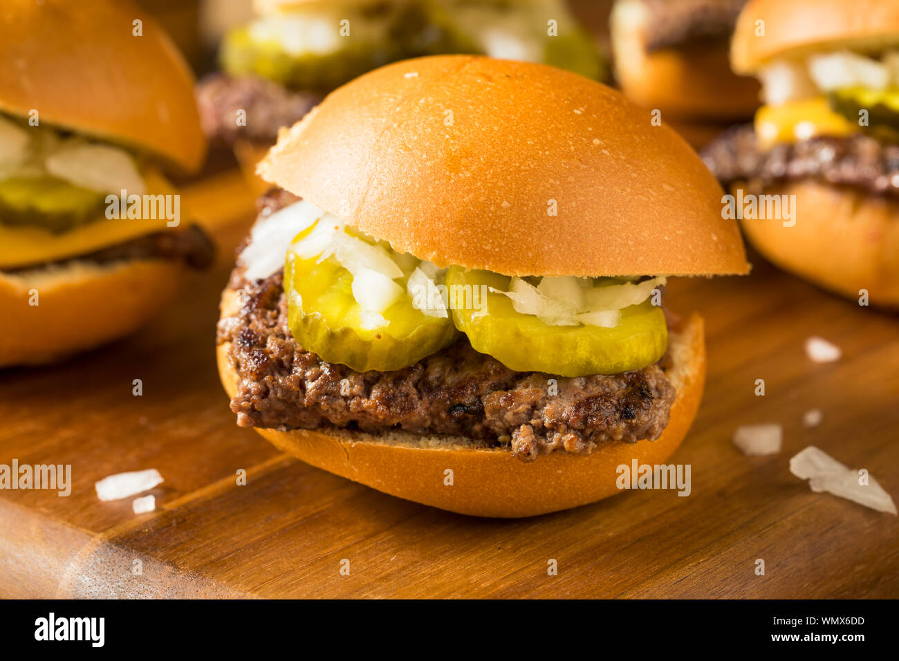 Homemade Beef Cheeseburger Sliders with Onion and Tomato Stock Photo ...