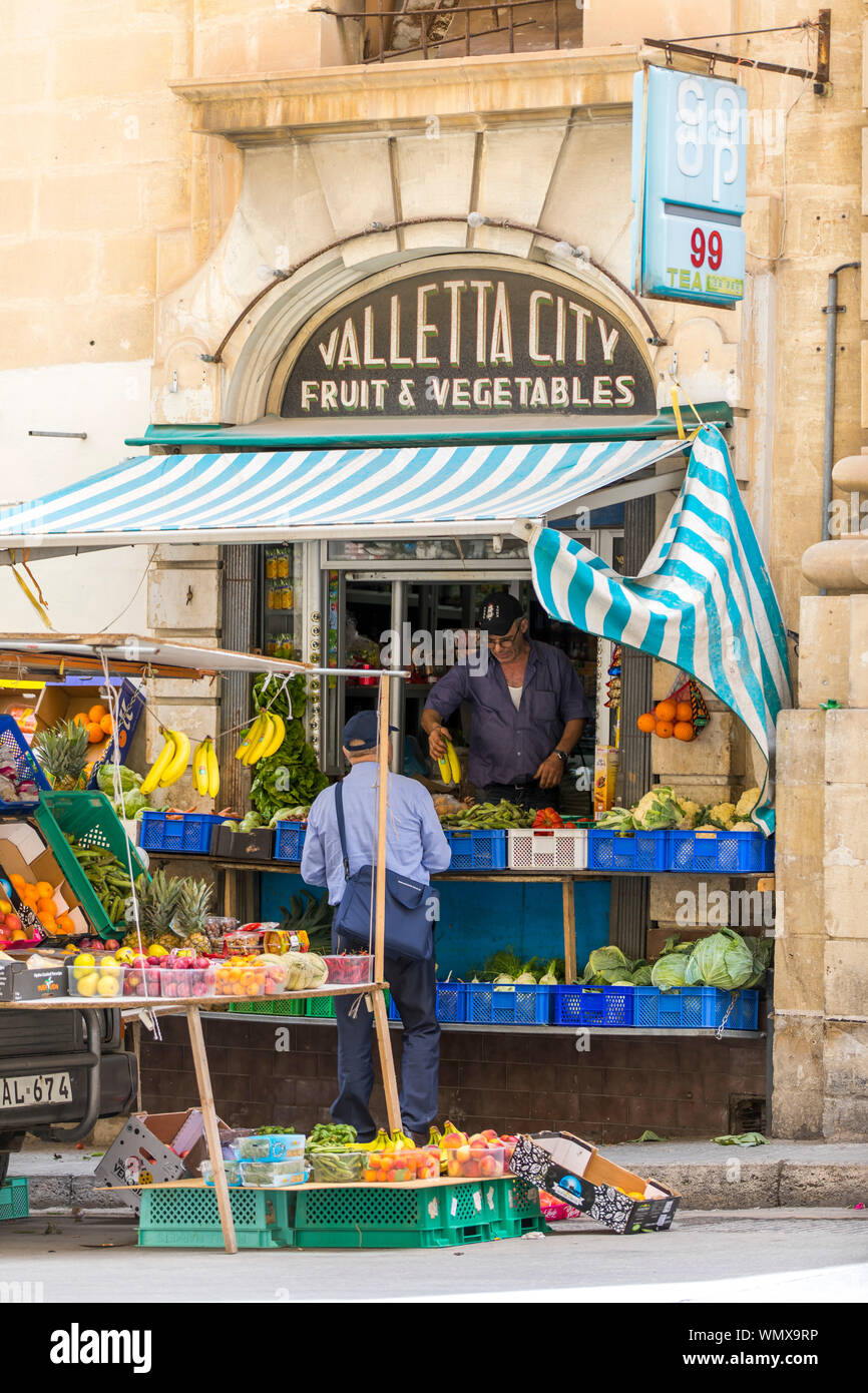 Malta, Valetta, old town, small vegetable shop, on Merchant Street ...