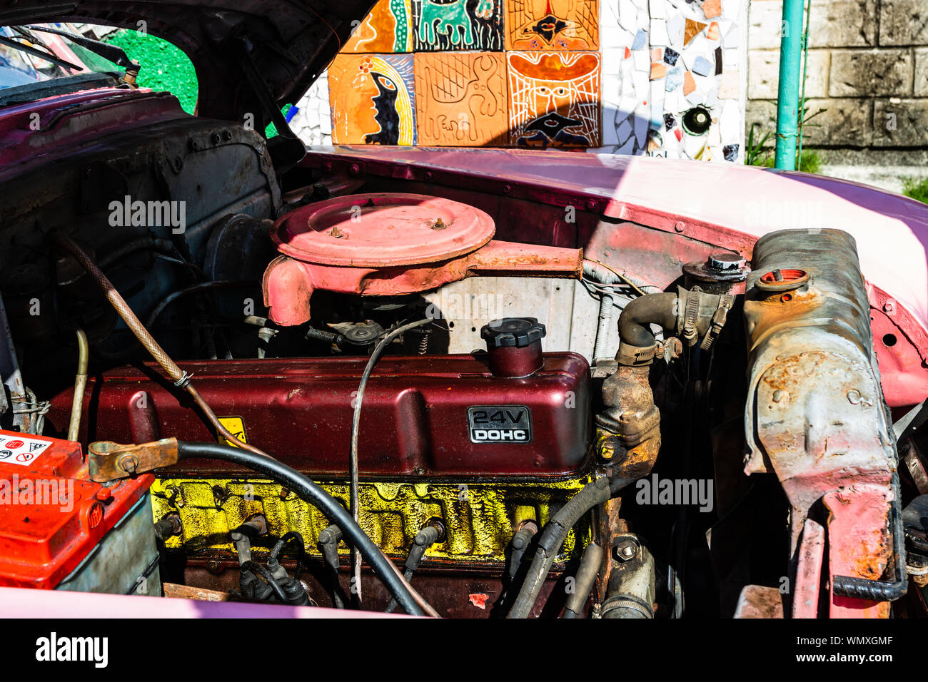 Havana, Cuba – 2019. Engine of a vintage American car used as taxi on ...