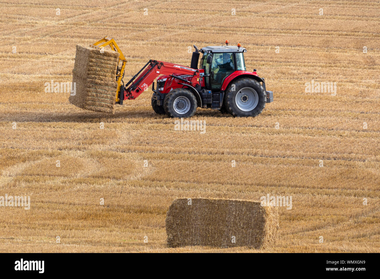Agriculture - a tractor collecting bales of hay following the ...
